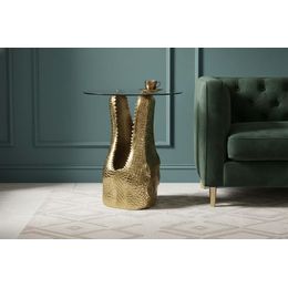 Riess Ambiente Design Beistelltisch WILDLIFE CROCODILE 50cm gold runde Glasplatte Krokodil Riess-Ambiente Maritim Modern