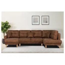 Wohnlandschaft Home Affaire "TRIPLO U-Form wahlweise mit Schlaffunktion, B/T/H: 310/192/90 cm", braun (cognac), B:310cm H:90cm T:192cm, 100% Polyester, Sofas, Schlafsofa, auch mit Bettkasten, Steppung im Rückenkissen