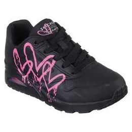 Sneaker Skechers "UNO DRIPPING IN LOVE", Damen, Gr. 35, schwarz (schwarz, kombiniert), Lederimitat, Schuhe Modernsneaker Sneaker low, mit Herzen-Graffity-Print, Freizeitschuh, Halbschuh, Schnürschuh