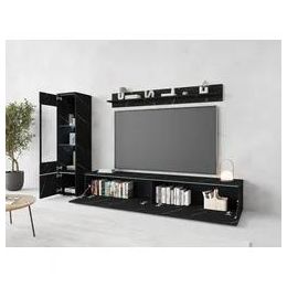 Wohnwand Inosign "VERA I, Vitrinen Türanschlag links/rechts wechselbar", schwarz (san sebastian), B:230cm H:130cm T:33cm, Kastenmöbel-Sets, Mediawand 230 cm, Vitrine mit Verglasung, stehend und hängend