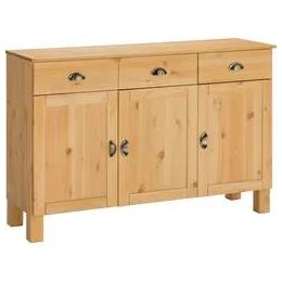 Unterschrank Home Affaire "Oslo", beige (natur gebeizt, gewachst), B:125cm H:85cm T:38cm, Massivholz, Schränke, 125 cm breit, 38 cm tief, als Sideboard, 3 Türen, 2 Schubladen