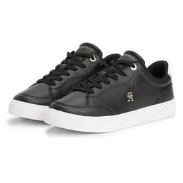 Plateausneaker Tommy Hilfiger "ESSENTIAL CHIC COURT SNEAKER", Damen, Gr. 35, schwarz-weiß (schwarz, weiß), Leder, Lederimitat, Schuhe, Freizeitschuh, Schnürschuh, Halbschuh mit TH-Schmuckelement