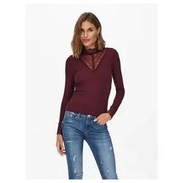 Spitzenshirt Only "ONLTILDE L/S HIGH NECK LACE TOP JRS", Damen, Gr. S, rot (port royale), Jersey, Obermaterial: 95% Viskose, 5% Elasthan, unifarben, normal, hoch geschlossener Ausschnitt, Spitze, Shirts