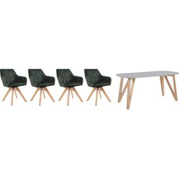Essgruppe Salesfever "Eleganter Tisch inkl. Stühle", weiß (weiß, natur, dunkelgrün, natur), Samtvelours, Essgruppe 5 tlg. 180x90cm, MDF, Massivholz, Polyester, Sitzmöbel-Sets, 5-teilige Samtverlours-Sitzgruppe, drehbare Stühle, 180cm Tischbreite