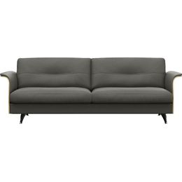 3-Sitzer FLEXLUX "Glow Designsofa, bequem und komfortabel durch hochwertigen Sitzaufbau", grau (warm mineral), B:224cm H:81cm T:91cm, 100% Echteder, Sofas, Skandinavisches Design, hochwertige Verarbeitung, Armlehne walnuss
