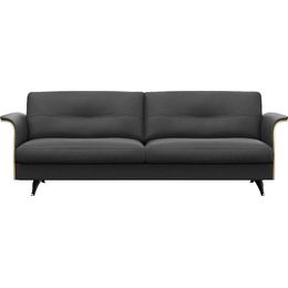 3-Sitzer FLEXLUX "Glow Designsofa, bequem und komfortabel durch hochwertigen Sitzaufbau", schwarz (deep schwarz), B:224cm H:81cm T:91cm, 100% Echteder, Sofas, Skandinavisches Design, hochwertige Verarbeitung, Armlehne walnuss