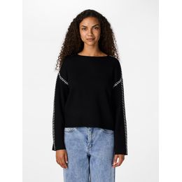 Strickpullover Y.A.S "YASSTITCHA LS KNIT PULLOVER S. NOOS", Damen, Gr. L, schwarz, Strick, Obermaterial: 50% Viskose, 28% Nylon, 22% Polyester, unifarben mit Farbeinsatz, oversize normal, Rundhals, Pullover, farblich abgesetzte Nähte