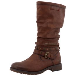 Winterstiefel Mustang Shoes "Elfi", Damen, Gr. 37, Normalschaft, braun (cognac), Lederimitat, Basic, Schuhe, Stiefel mit Zierriemchen und Blockabsatz