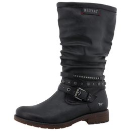 Winterstiefel Mustang Shoes "Elfi", Damen, Gr. 43, Normalschaft, blau (navy), Lederimitat, Basic, Schuhe, Stiefel mit Zierriemchen und Blockabsatz