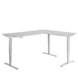 Schäfer Shop Winkelschreibtisch AERO FLEX, elektrisch höhenverstellbar, 90° Winkel, T-Fuß, B 2000 x T 1600 mm, lichtgrau/weißalu + Memorypanel