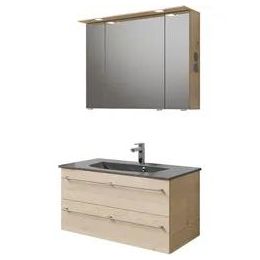 Badmöbel-Set SAPHIR "Serie 6025 2-teilig Mineralmarmor-Waschtisch mit LED-Spiegelschrank", braun (polar pinie quer nb), B:97cm H:200cm T:48cm, Spanplatte, Kastenmöbel-Sets, Waschplatz 97 cm breit, 2 Schubladen, 3 Spiegel-Türen, inkl Türdämpfer