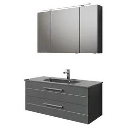 Badmöbel-Set SAPHIR "Serie 6025 2-teilig Mineralmarmor-Waschtisch mit LED-Spiegelschrank", grau (quarzgrau matt select), B:117cm H:200cm T:48cm, Spanplatte, Kastenmöbel-Sets, Waschplatz 117cm breit, 2 Schubladen, 3 Spiegel-Türen, inkl Türdämpfer