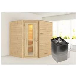 Sauna Karibu "Mia (Fronteinstieg)", beige (naturbelassen), (ohne Ofen), Saunen, inklusive Ofenschutzgitter und Tür