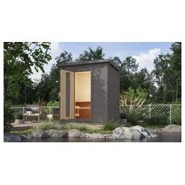 Saunahaus Karibu "Talo 1", grau (terragrau), Saunaofen, integrierte Steuerung, (ohne Ofen), Saunen, Ofen 9 kW, integrierte Steuerung, mit Energiespartür