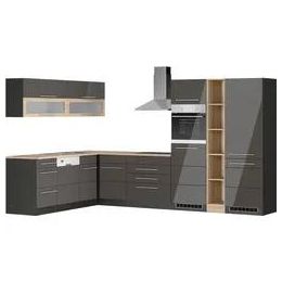 Winkelküche KOCHSTATION "KS-Wien", küche: grau, front: hochglanz grau, korpus: grafit, arbeitsplatte: eiche sonoma, B:220cm H:200cm T:340cm, Komplettküchen-Sets, Stellbreite 220 x 340 cm, wahlweise mit E-Geräten