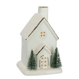 LED-Dekofigur I.GE.A. "LED-Haus", weiß, B:9cm H:15cm, Porzellan, Dekofiguren, Dekoobjekt LED batteriebetrieben Weiß Gold Weihnachtsdeko