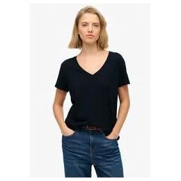 T-Shirt Superdry "STUDIOS SLUB EMB VEE TEE", Damen, Gr. M, blau (eclipse navy), Single Jersey, Obermaterial: 60% Baumwolle, 40% Lyocell, unifarben, regular fit normal, V-Ausschnitt, Shirts T-Shirt, Baumwollmischung, relaxed fit
