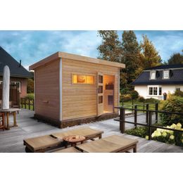 Saunahaus Karibu "&raquo;Simon 2&laquo; mit moderner T&uuml;r, naturbelassen", beige (naturbelassen), ohne Ofen, ohne Steuerung, (ohne Ofen), Saunen, Mit 9 kW Ofen Bio und externe Steuerung easy