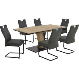 Essgruppe Hela "WESER", braun (evoke eiche, schwarz, vt anthrazit, vintage anthrazit, schwarz), Microfaser, Synchron-Auszug, Sitzmöbel-Sets, Säulentisch 140-180x90 cm, Stuhl mit Federkorb, 140 kg belastbar, Topseller