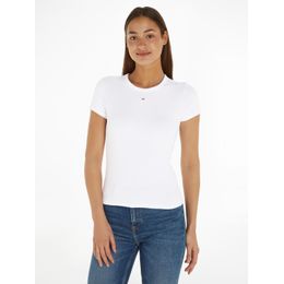 Kurzarmshirt Tommy Jeans "TJW SLIM ESSENTIAL RIB SS EXT", Damen, Gr. S (36), weiß, Single Jersey, Obermaterial: 95% Baumwolle, 5% Elasthan, unifarben, slim fit kurz, Rundhals, abgesteppt, Shirts, mit gerippter Struktur
