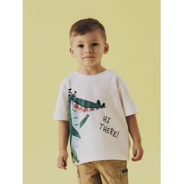 T-Shirt name it "NMMHELGE SS NREG TOP PB", Jungen, Gr. 92, weiß (lucent weiß), Jersey, Obermaterial: 100% Baumwolle, bedruckt, regular fit, Rundhals, Shirts