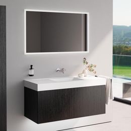 neoro n50 stripes Unterschrank B: 120 cm mit 1 Auszug, eiche schwarz profiliert, mit Spiegel, Waschtisch area, BN0160WM+BN0489BBO+BN0005MI,