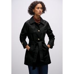 Trenchcoat Street One, Damen, Gr. 44, schwarz, Web, Obermaterial: 69% Baumwolle, 31% Polyester; Futter: 100% Polyester, unifarben, gerade hüftbedeckend, V-Ausschnitt, Bündchen, Mäntel, mit Bindegürtel