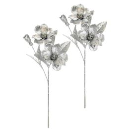 Kunstblume I.GE.A. "Magnolie", silber, B:18cm H:68cm L:14cm, Polyester, Kunstpflanzen, 2er Set Dekoblume Metallic Effekt glänzende Weihnachtsdeko Blüten