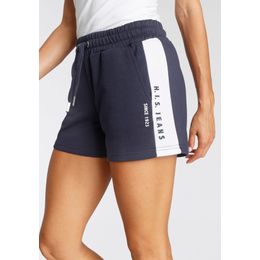 H.I.S. Shorts H.I.S, Damen, Gr. 32/34, N-Gr, blau (marine), Interlock, Obermaterial: 60% Baumwolle, 40% Polyester, unifarben, Basic, bequem, Hosen, mit weißem Seitenstreifen und Logodruck