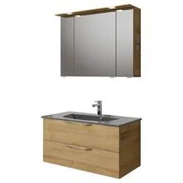 Badmöbel-Set SAPHIR "Serie 6025 2-teilig Mineralmarmor-Waschtisch mit LED-Spiegelschrank", braun (riviera eiche quer nb), B:97cm H:200cm T:48cm, Spanplatte, Kastenmöbel-Sets, Waschplatz 97 cm breit, 2 Schubladen, 3 Spiegel-Türen, inkl Türdämpfer