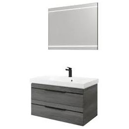 Badmöbel-Set SAPHIR "Balto 2-teilig Mineralmarmor-Waschtisch mit LED-Spiegel, Waschplatz", grau (graphit struktur quer nachbildung mit schwarzer einlage), B:92cm H:200cm T:50,8cm, Spanplatte, Kastenmöbel-Sets, 92 cm breit, mit 2 Schubladen, Badschrank inkl. Schubladendämpfer