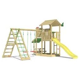 Spielturm Jungle Gym "Veranda", gelb, Spielt&uuml;rme, KinderB:454cm H:310cm T:437cm, Holzwerkstoff, Spielanlage mit Schaukel, Kletterbock und Rutsche mit Wasseranschluss, B:454cm H:310cm T:437cm