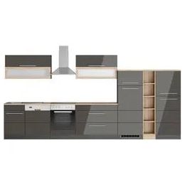 Küchenzeile KOCHSTATION "KS-Wien", küche: grau, front: hochglanz grau, korpus: grafit, arbeitsplatte: eiche sonoma, B:420cm H:200cm T:60cm, Komplettküchen-Sets, Breite 420 cm, wahlweise mit E-Geräten