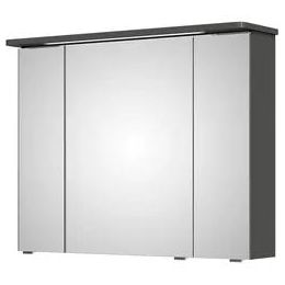 Spiegelschrank SAPHIR "Serie 4005 Badezimmer-Spiegelschrank inkl. LED-Kranzbeleuchtung", grau (lack steingrau hochglanz), B:90cm H:72,2cm T:17cm, Holzwerkstoff, Schr&auml;nke, Spiegelschrank, Badschrank 90 cm breit, 3 T&uuml;ren, 6 Glas-Einlegeb&ouml;den, inkl. T&uuml;rd&auml;mpfer
