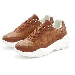 Sneaker Lascana, Damen, Gr. 39, braun (camelfarben), Obermaterial: 100% Lederimitat. Futter: 100% Textilmaterial. Decksohle: 100% Textilmaterial. Laufsohle: 100% Synthetik, Reptilienprägung, unifarben mit Farbeinsatz, Basic, Schuhe, Halbschuh, Sportschuh, leichte Chunky Sohle VEGAN