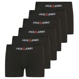 Jack & Jones Trunk JACK & JONES "JACOLD &ndash; Boxershorts mit farbigem Bund im 6er-Pack", Herren, Gr. M, 6 Stk., schwarz (schwarz pack:6 x schwarz with schwarz wb), Jersey, Obermaterial: 95% Baumwolle, 5% Elasthan, unifarben mit Farbeinsatz, normal, Unterhosen, Druck, modisch, regular fit, Jersey