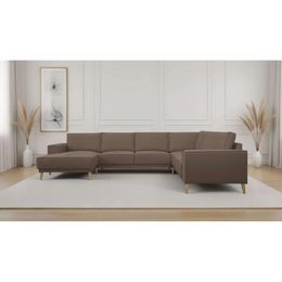 OTTO HOME Wohnlandschaft »Oland Skandi, weicher Chenille-Stoff« U-Form, 342 cm, Wellenunterfederung, Skandi-Design, Massivholzfüße brown 100%...