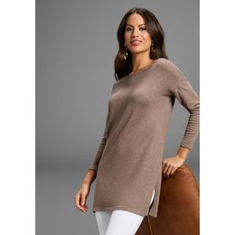 Laura Scott Damen Longpullover Feinstrick mit U-Boot Ausschnitt und seitlichem Schlitz braun 34
