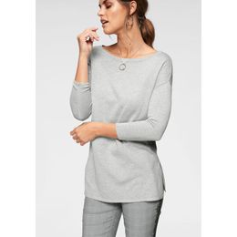 Laura Scott Damen Longpullover Feinstrick mit U-Boot Ausschnitt und seitlichem Schlitz grau 46