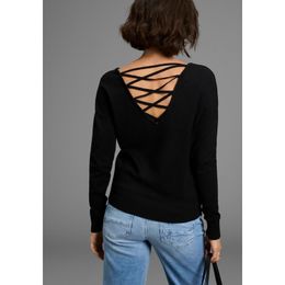 Laura Scott Damen Strickpullover softer &Uuml;bergangsstrick mit femininen Schn&uuml;rdetails schwarz 48