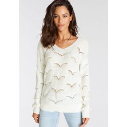 Laura Scott Damen Strickpullover softer &Uuml;bergangsstrick mit V-neck und trendy Ajourmuster wei&szlig; 48