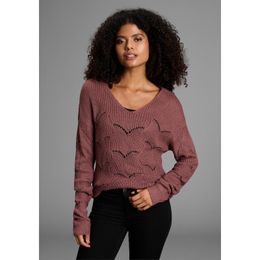 Laura Scott Damen Strickpullover softer &Uuml;bergangsstrick mit V-neck und trendy Ajourmuster rot 48