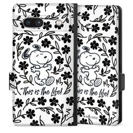 DeinDesign Google Pixel 7a Handy Klapph&uuml;lle Handyh&uuml;lle aus Kunst Leder schwarz Flip Case Peanuts Flowers Snoopy Sideflip mit Lasche