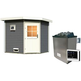 Saunahaus Karibu "Tore", grau (terragrau), Saunaofen, externe Steuerung, 9 kW, Saunen, klassiche Tür, Mit 9 KW Ofen und externe Steuerung Easy