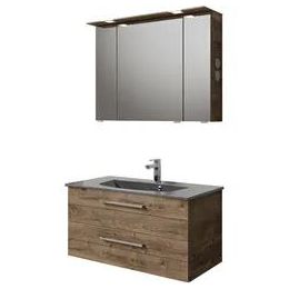 Badmöbel-Set SAPHIR "Serie 6025 2-teilig Mineralmarmor-Waschtisch mit LED-Spiegelschrank", braun (eiche ribbeck quer nb), B:97cm H:200cm T:48cm, Spanplatte, Kastenmöbel-Sets, Waschplatz 97 cm breit, 2 Schubladen, 3 Spiegel-Türen, inkl Türdämpfer