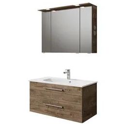 Badmöbel-Set SAPHIR "Serie 6025 2-teilig Mineralmarmor-Waschtisch mit LED-Spiegelschrank", braun (eiche ribbeck quer nb), B:97cm H:200cm T:48cm, Spanplatte, Kastenmöbel-Sets, Waschplatz 97 cm breit, 2 Schubladen, 3 Spiegel-Türen, inkl Türdämpfer