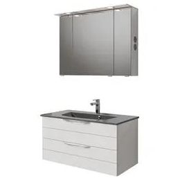 Badmöbel-Set SAPHIR "Serie 6025 2-teilig Mineralmarmor-Waschtisch mit LED-Spiegelschrank", weiß (weiß hochglanz select), B:97cm H:200cm T:48cm, Spanplatte, Kastenmöbel-Sets, Waschplatz 97 cm breit, 2 Schubladen, 3 Spiegel-Türen, inkl Türdämpfer