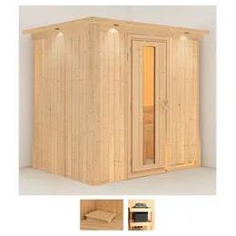 Sauna Karibu "Finja", beige (naturbelassen), ohne Ofen, (ohne Ofen), Saunen, ohne Ofen