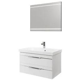 Badmöbel-Set SAPHIR "Balto 2-teilig Mineralmarmor-Waschtisch mit LED-Spiegel, Waschplatz", weiß (weiß hochglanz mit chromeinlage), B:92cm H:200cm T:50,8cm, Spanplatte, Kastenmöbel-Sets, 92 cm breit, mit 2 Schubladen, Badschrank inkl. Schubladendämpfer