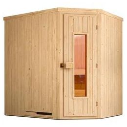 Sauna Weka "Element-Ecksauna VARBERG 1", beige (natur), Bio-Ofen, externe Steuerung, 4,5 kW, Saunen, vorgefertigte Elemente, isolierte Holzt&uuml;r
